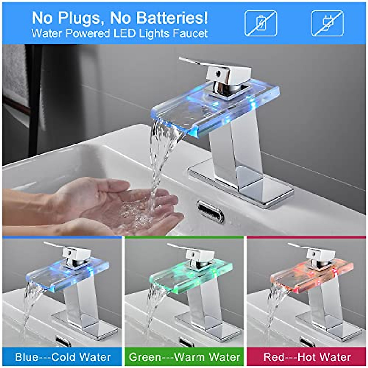 ROVOGO Led Faucet for Bathroom Sink, No Battery Needed Led Faucet Light Color Changing Glass Spout, Single Handle Waterfall Faucet with Deck Plate for 1-Hole or 3-Hole Bathroom Sink, Chrome