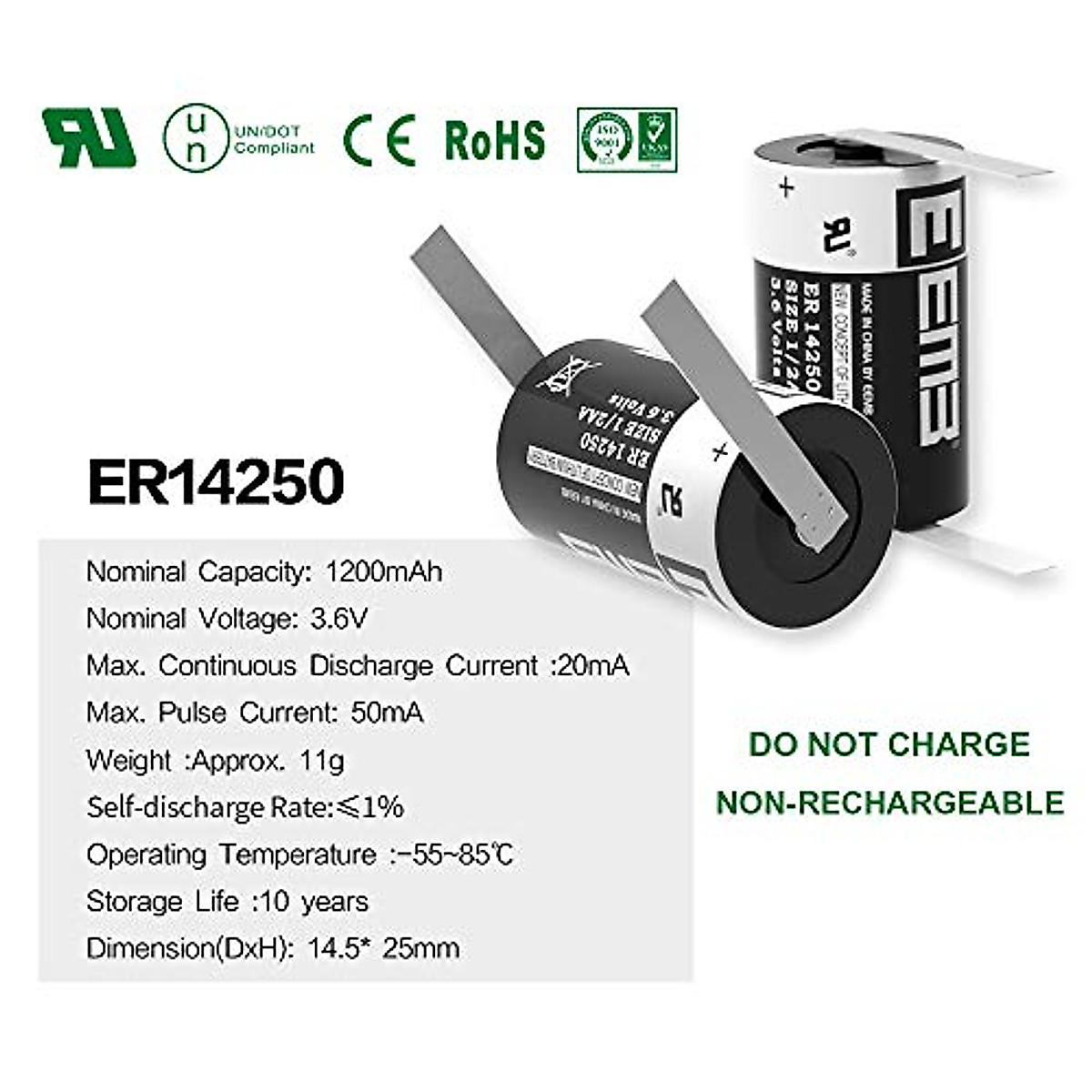 EEMB ER14250 Nonrechargeable 3.6V Lithium Battery with Tabs Li-SOCL₂ 1/2 AA Size 1200mAh High Capacity UL Certified Single-Use 3.6V Lithium Thionyl Chloride Battery DO NOT Charge Battery