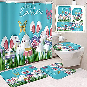 ArtSocket Easter 4 Pcs Shower Curtain Set Easter Blue Cartoon Bunny with Non-Slip Rugs Toilet Lid Cover and Bath Mat Bathroom Decor Set 72" x 72"