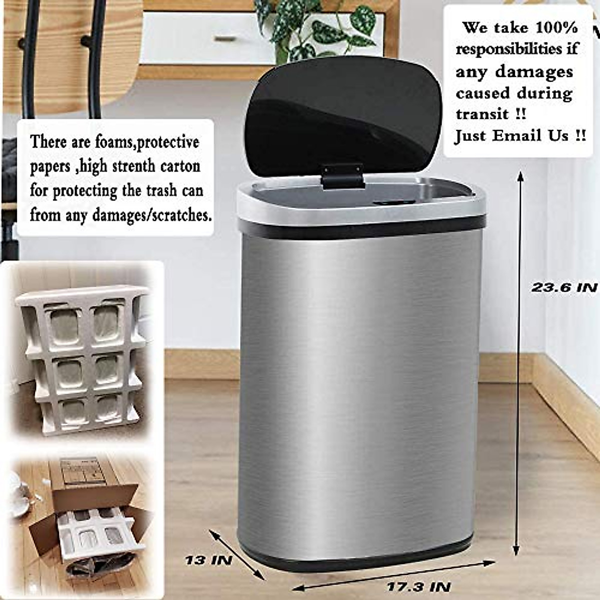 XXFBag Kitchen Trash Can 13 Gallon Garbage Can, Sensor Trash Can Touchless Stainless Steel Trash Can, Brushed Dustbin 50 Liter Motion Trash Bin Metal Waste Bin with Lid for Home Bathroom Office Restroom, Silver