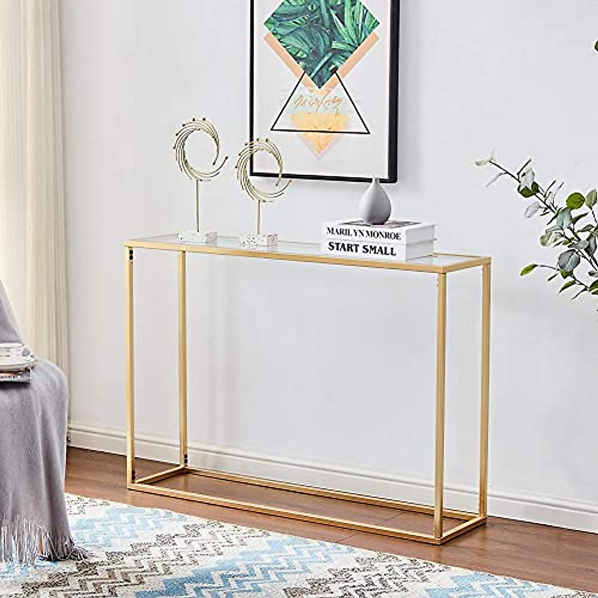 Wimarsbon Gold Console Table, Glass Sofa Tables, Modern Open Hallway Table, Narrow Entryway Table, Slim Accent Porch Table, Couch Side Table with Golden Metal Frame, Easy Assembly
