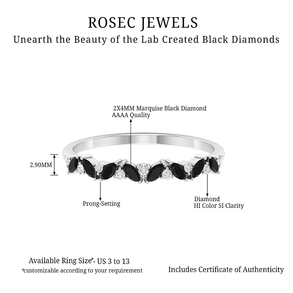 Lab Created Black and White Diamond Ring, Marquise Cut Created Black Diamond Semi Eternity Ring, 14K White Gold, Size:US 8.00