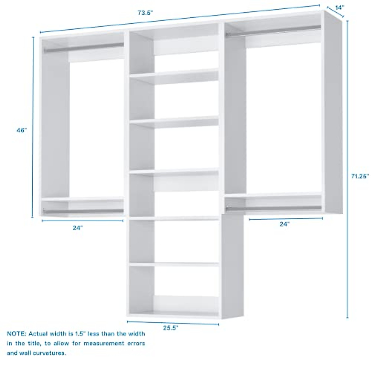 Closet Kit with Hanging Rods & Shelves - Corner Closet System - Closet Shelves - Closet Organizers and Storage Shelves (White, 75 inches Wide) Closet Shelving