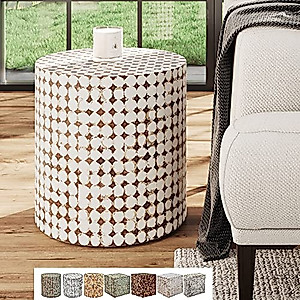 East at Main Round Side Table - 16”Dia x 16.5” h Living Room, Entryway, Small Spaces, Bedside Tables - Real Coconut Shell Mosaic Inlaid, Pre-Assembled, White Patina Finish