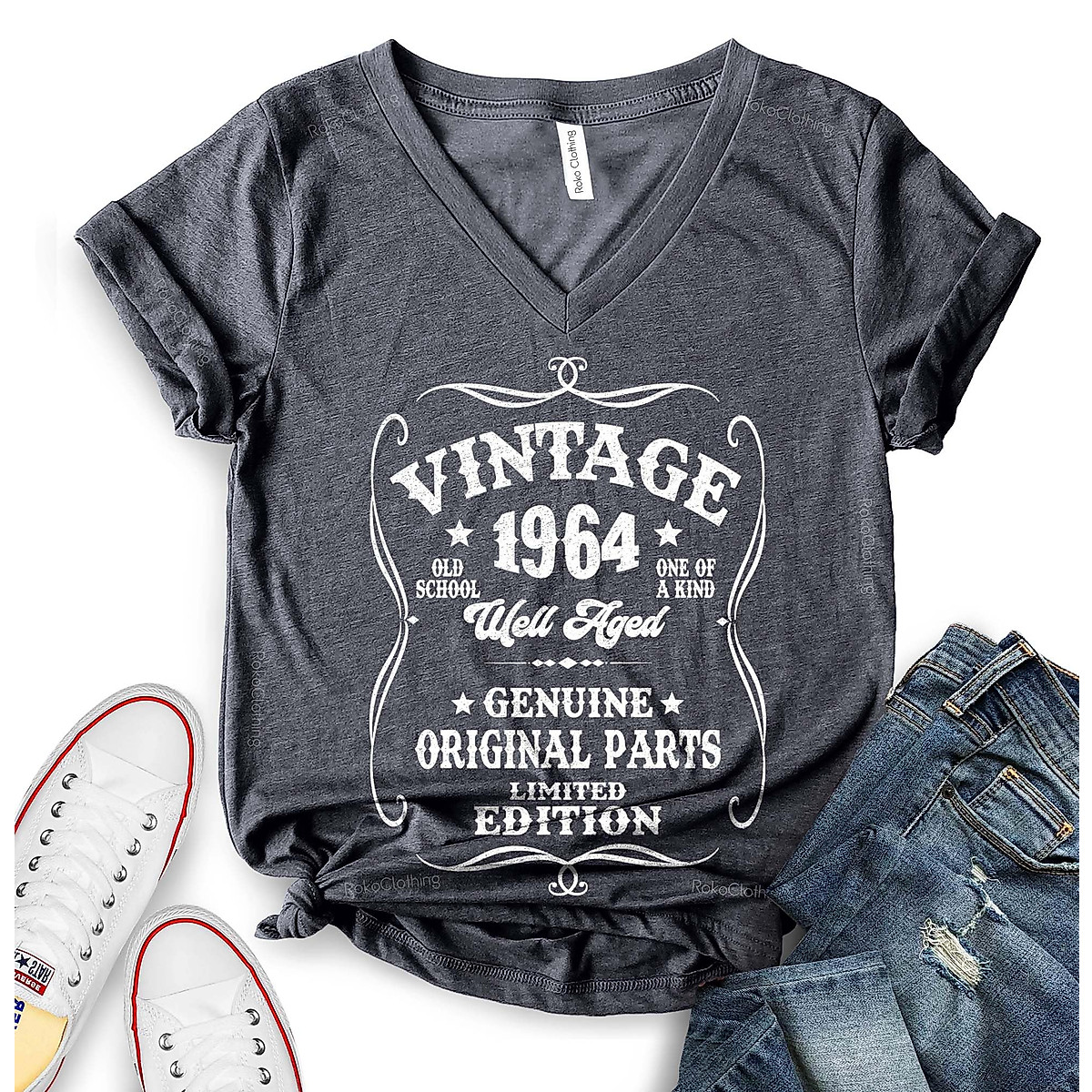 ROKO CLOTHING Vintage Well Aged 1964 Shirts Short Sleeve Letter Printed Graphic 60th Birthday Gift Women and Men Heather Dark Grey