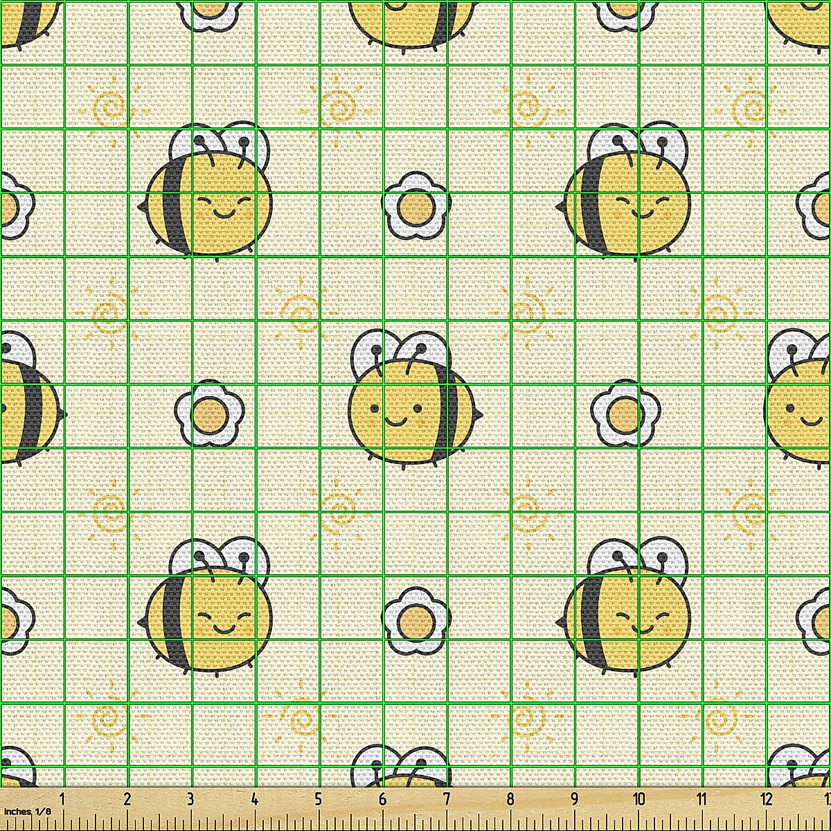 Ambesonne Insects Fabric by The Yard Repetitive Pattern with Happy Little Bees Flowers and Suns Decorative Fabric for Home Essentials Sewing Hobby DIY Upholstery and Home Accents 1 Yard Mustard Grey