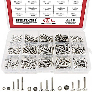 Hilitchi 460-Piece Metric M3 M4 M5 Hex Socket Flat Head Countersunk Bolts Screw Nut Assortment Kit - 304 Stainless Steel
