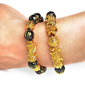Feng Shui Wealth Pi Xiu Bracelet, 2 Pcs Black Amulet Bead Bracelets for Women Men Attract Wealth Money Good Luck Feng Shui Jewelry
