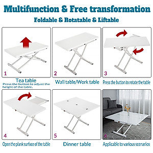 MYSELFLY Living Room Dinning Tables Folding Metal Lift Bracket Multifunction Transform Dinner Kitchen Coffee Tea End Table in Home Wood Desktop Design 40x35 White