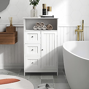 Knocbel Bathroom Floor Storage Cabinet with 3 Drawers, Open Compartment and Single Door, Free Standing Bath Organizer Unit, 23.6" W x 11.8" D x 39.6" H (White)
