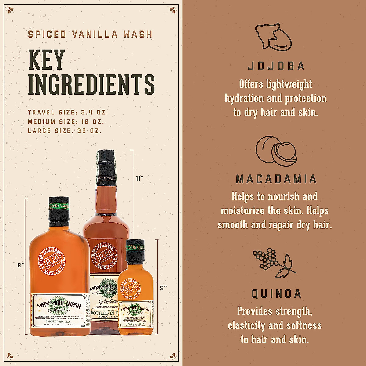 18.21 Man Made Original Spiced Vanilla 3-in-1 Body Wash, Shampoo, & Conditioner for Men, All Hair & Skin Types, Strengthens and Moisturizes in a Manly Aroma, 32oz