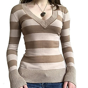 Y2K Striped Long Sleeve Slim Tops Color Block Square Collar Tee Aesthetic Harajuku Autumn Winter 90s Shirts Streetwear