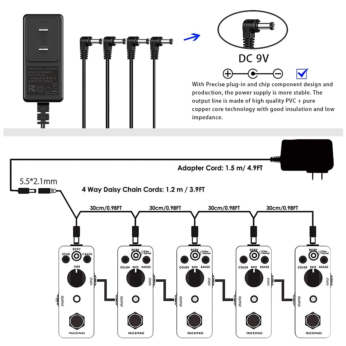 JOYO WAH-II Classic and Multifunctional WAH Pedal Bundle with DC 9V Daisy Chain Power Supply (800mA -1A) AC Adapter