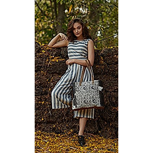 Myra Bag Cotton & Cowhide Upcycled Canvas Tote Bag S-1136