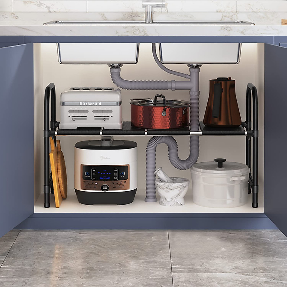 Under Sink Organizer, NEWRAIN 2-Tier Expandable Cabinet Shelf Organizer with Removable Panels, Multi-Use for Under Kitchen Bathroom Sink Organizers and Storage