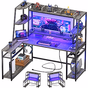 63'' Large L Shaped Gaming Desk with LED Lights & Power Strips, Reversible Gaming Table Desk with Hutch, L-shaped PC Gaming Desk with Storage, L Gamer Desk with Monitor Stand & Hook, Grey Oak