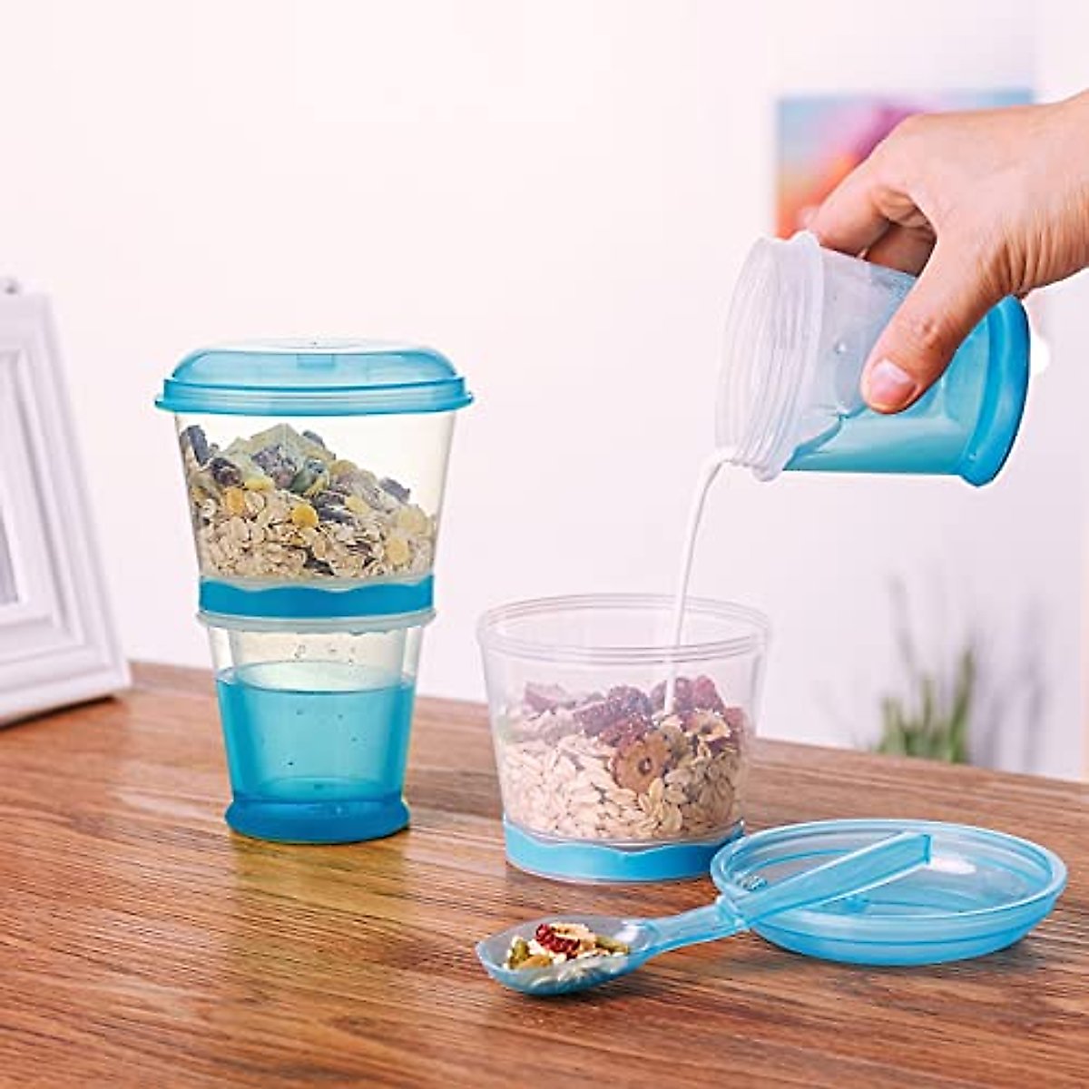 Cereal To Go, Cereal Container, Cereal On The Go Go Cereal Box Storage Container Cups Milk Yogurt Keeper Holder With Spoon (Red+Blue)