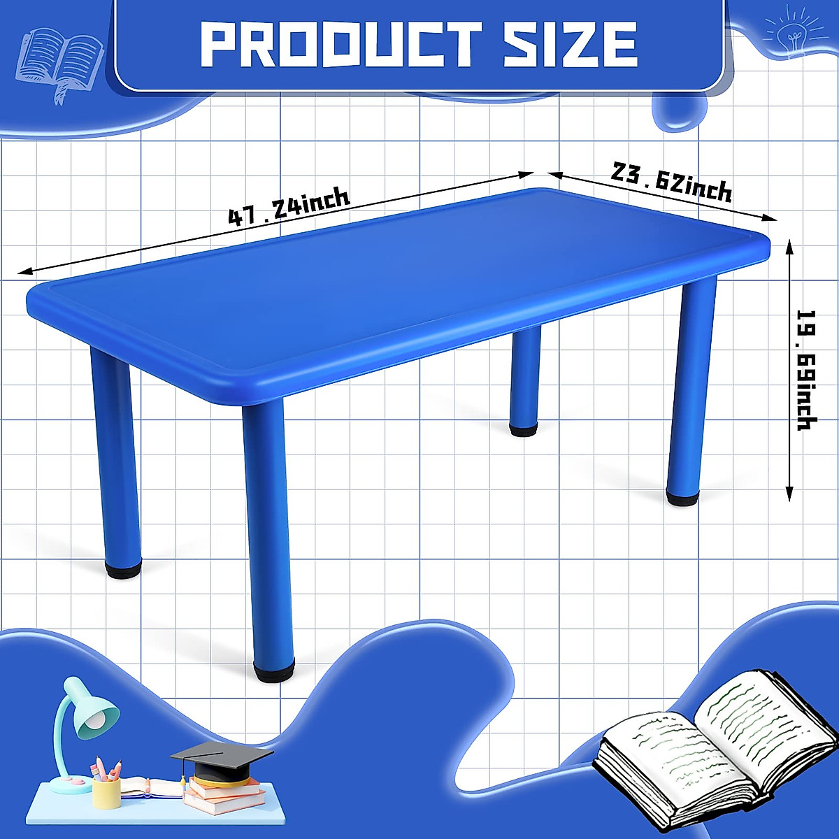 Wesiti Kids Activity Table Rectangular 47.24 x 23.62 Inch Children School Classroom Table Portable Plastic Daycare Preschool Table Kids Play Table Furniture for Boy Girl Reading Drawing (Blue,1 Pcs)