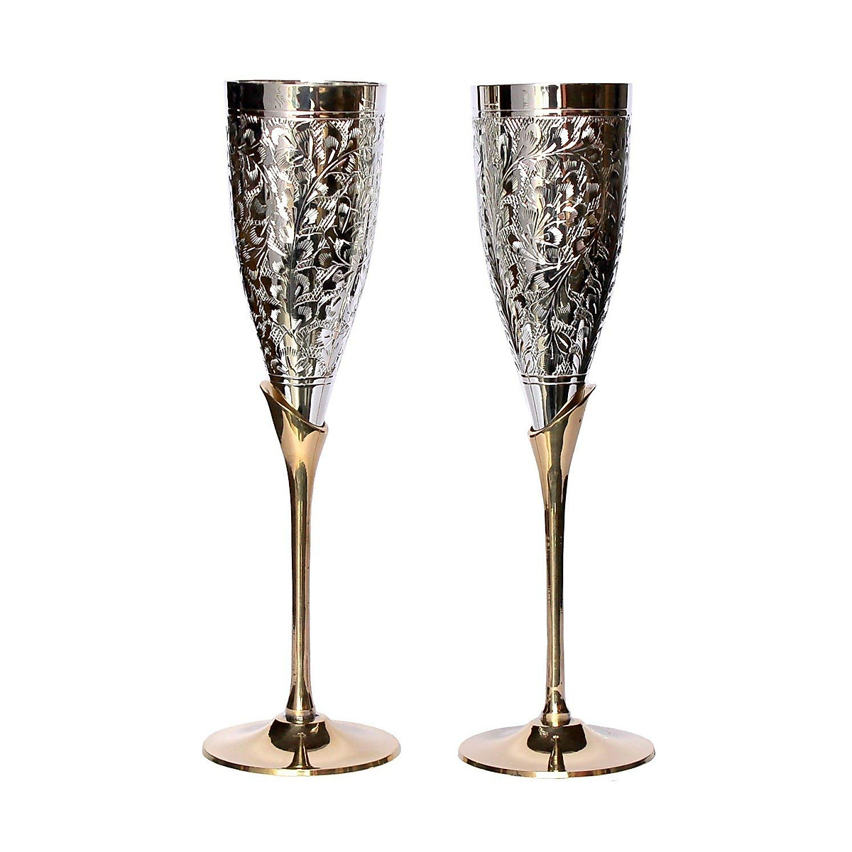 SIMCS HANDICRAFTS Royal Handmade Engraved Silver Plated Brass Champagne Flutes Set of 2 Wine Goblets for Valentine Wedding Christmas Housewarming Gifts with Presentation Velvet Bags