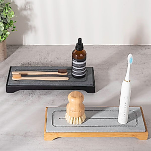 Sponge Holder Quick Dry Kitchen Sink Caddy Diatomaceous Earth Stone Drying Mat Bathroom Countertop Organizer Soap Dish Tray for Counter, Vanity, Bamboo Rack - Black