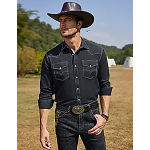 COOFANDY Mens Shirt Western Dress Long Sleeve Casual Cotton Button Down Denim Work, 01-Black, Large, Long Sleeve