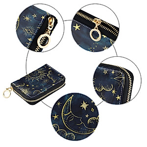 Gold Sun Moon Golden Soleil Cosmos Astrology on Dark Blue Pattern Credit Card Coin wallet, Key Change Organizer Zipper Purse Compact Clutch Pouch Pocket, RFID Blocking Women Leather Card Holder