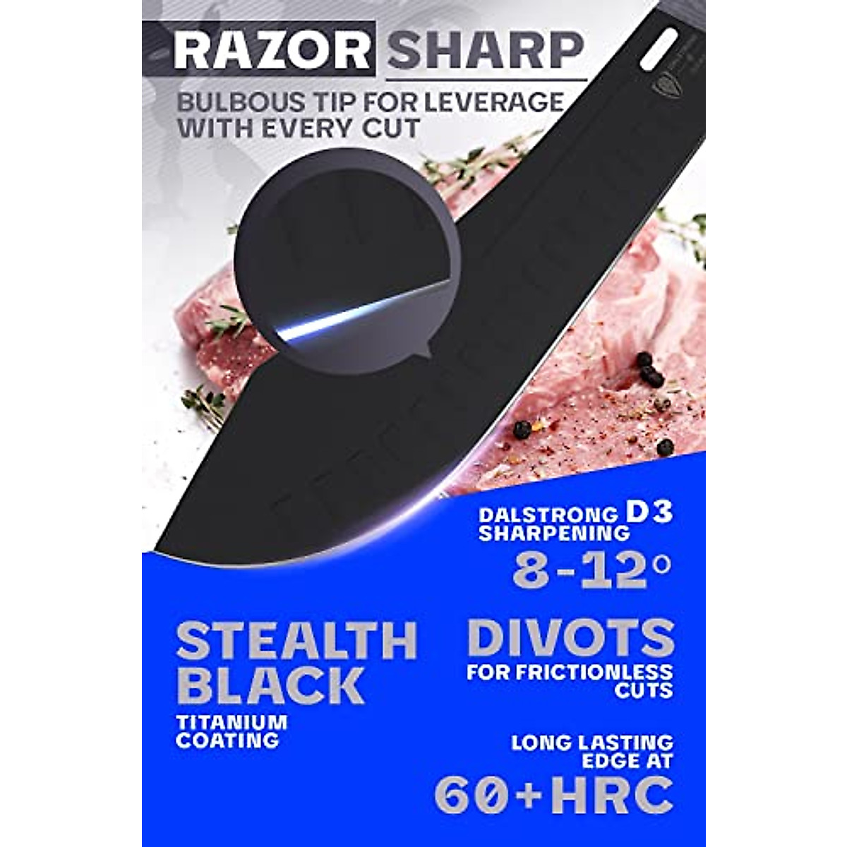 Dalstrong Bull Nose Butcher Knife - 10" - Delta Wolf Series Knife - Ultra-Thin & Zero Friction Blade - HC 9CR18MOV Steel - Black Titanium Nitride Coating - G10 Camo Handle - Leather Sheath