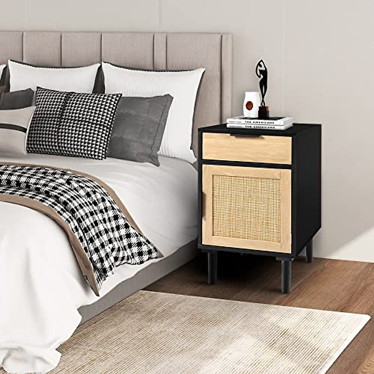 DOALBUN OKL Tall Nightstand Set of 2,Rattan End Table with Drawer and Decorated Doors,Side Table Solid Wood Accent Bedside Table with Storage for Living Room,Bedroom (Black)