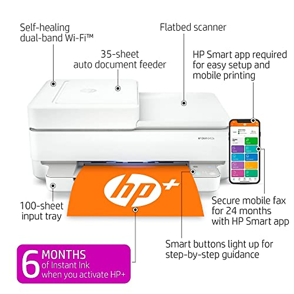 HP Envy 6452e Wireless Inkjet Color All-in-One Printer, Print Copy Scan, 35 Sheet ADF, 2-Side Printing, WiFi USB Connectivity, Instant Ink Ready, Home or Office Inkjet Printers, White (Renewed)