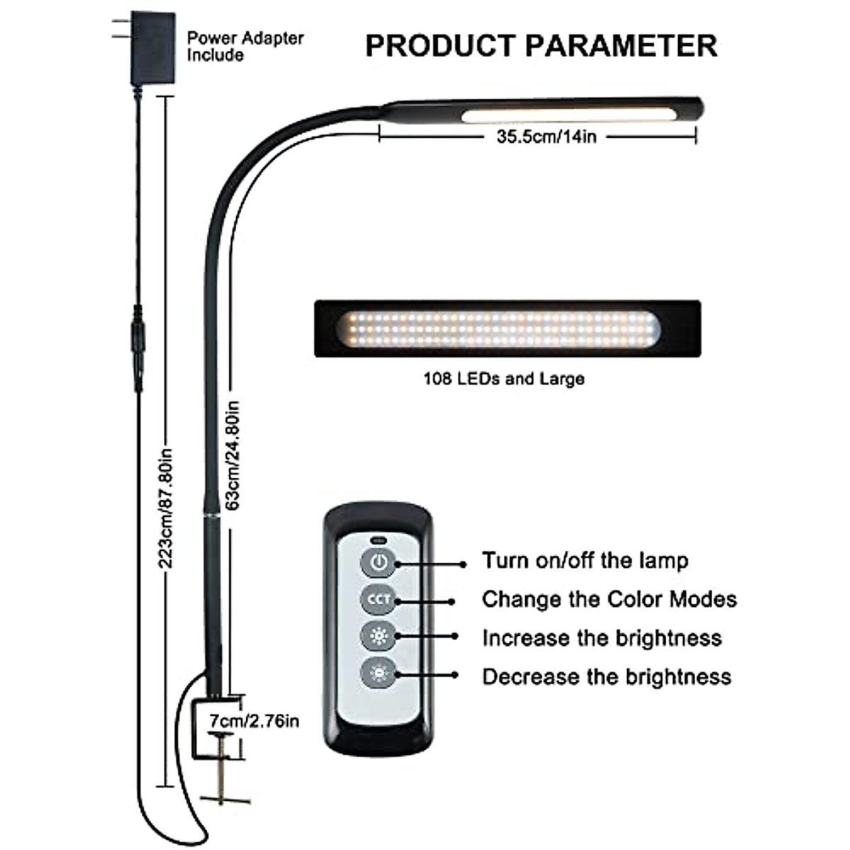 LiFMIRA LED Desk Lamp with Clamp 30min Timer 30 Lighting Modes Eye Caring 108 LEDs Architect Task Lamp Long Flexible Gooseneck Clamp Lamps for Home Office Dorm with 12W Adapter & 87.8in Cord