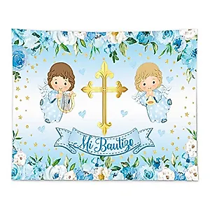 Funnytree 118" x 95" Mi Bautizo Backdrop God Bless First Holy Communion Baptism Christening Boy Party Supplies Baby Shower Angel Flower Background Banner Decor Favors Photobooth Props Gifts Fabric