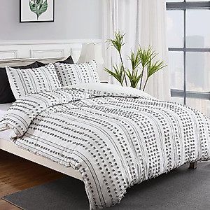 100% Cotton Duvet Cover Queen Size, 3Pcs Yarn-Dyed Tufted Dots Jacquard Duvet Cover Set, Boho Textured Duvet Cover Set for All Season, 88x92 Inch