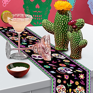 Day of The Dead Table Runner 72 x 13 Inch Decorations, Dia De Los Muertos Sugar Skull Mexican Fiesta Carnival Table Cover Decor, Rustic Linen Altar Themed Party Supplies for Home Kitchen Dining Mantel