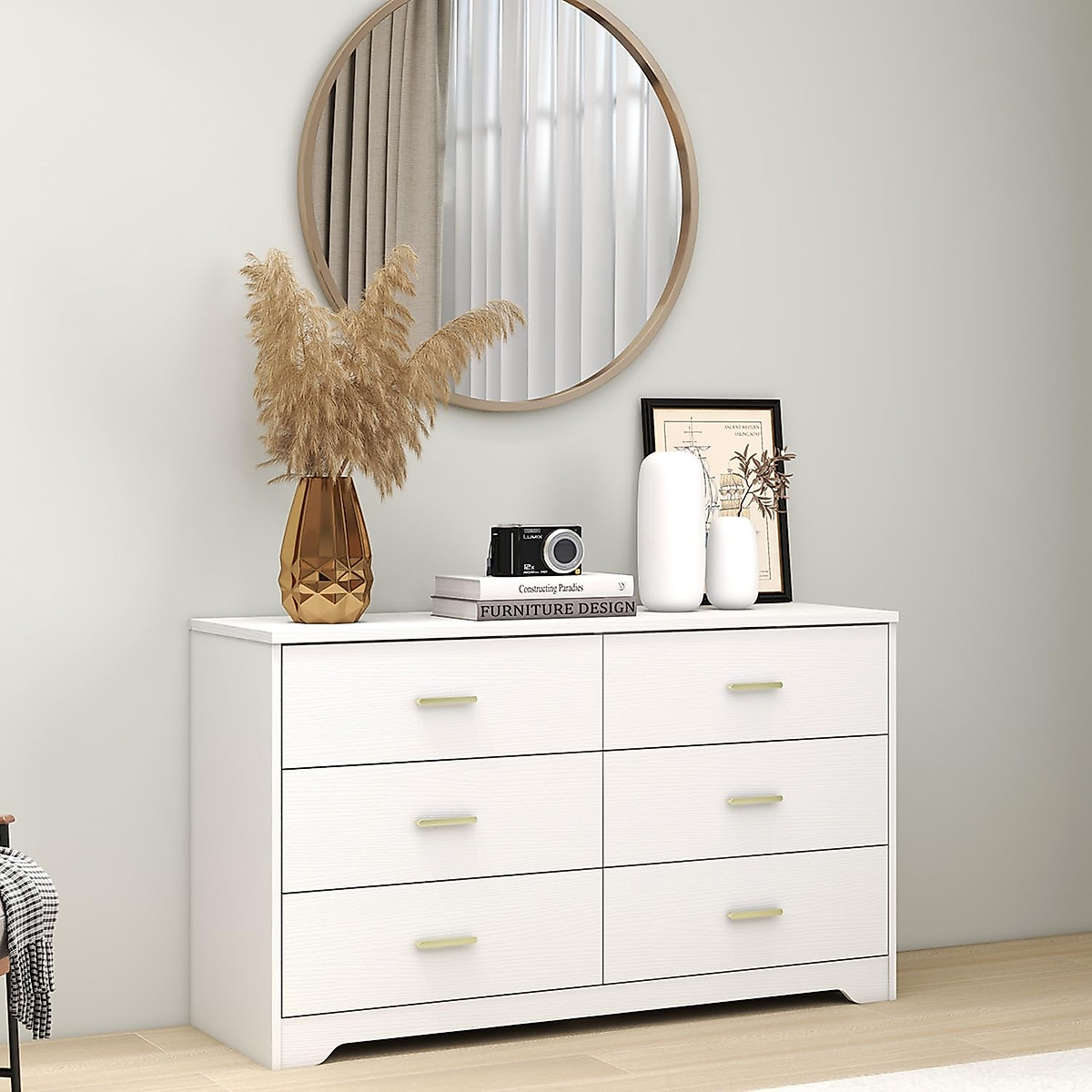 Modern 6 Drawer Wood Dresser, Wood Lateral Chest of Drawers Storage Organizer with Wide Drawers & Metal Gold Handles for Bedroom, Living Room, Hallway, Entryway