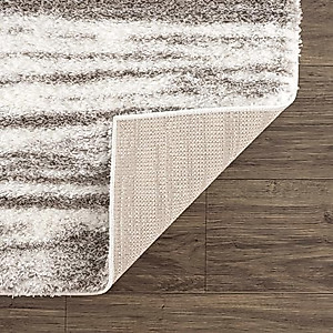Hauteloom Mette Living Room, Bedroom Shaggy Area Rug - Bohemian Modern Striped Farmhouse Shag - Fluffy Soft Touch High Pile - Gray, White, Vizon - 6'7" x 9'