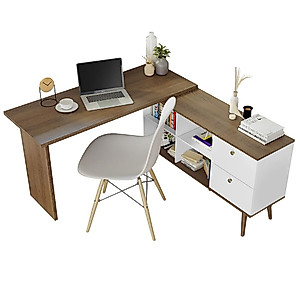 Madesa Modern L Shaped Desk 59 Inch with 2 Drawers and 4 Storage Shelves Home Office Corner Study Table Unit for Kids and Adults - White/Brown