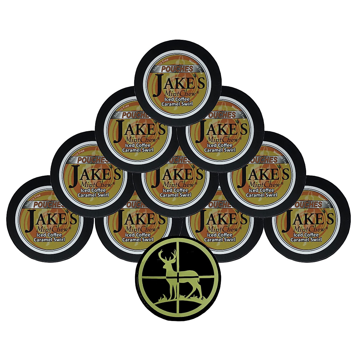 DC Crafts Nation Skin Can Cover Deer with 10 Cans Jake's Mint Chew Iced Coffee Caramel Swirl Pouches