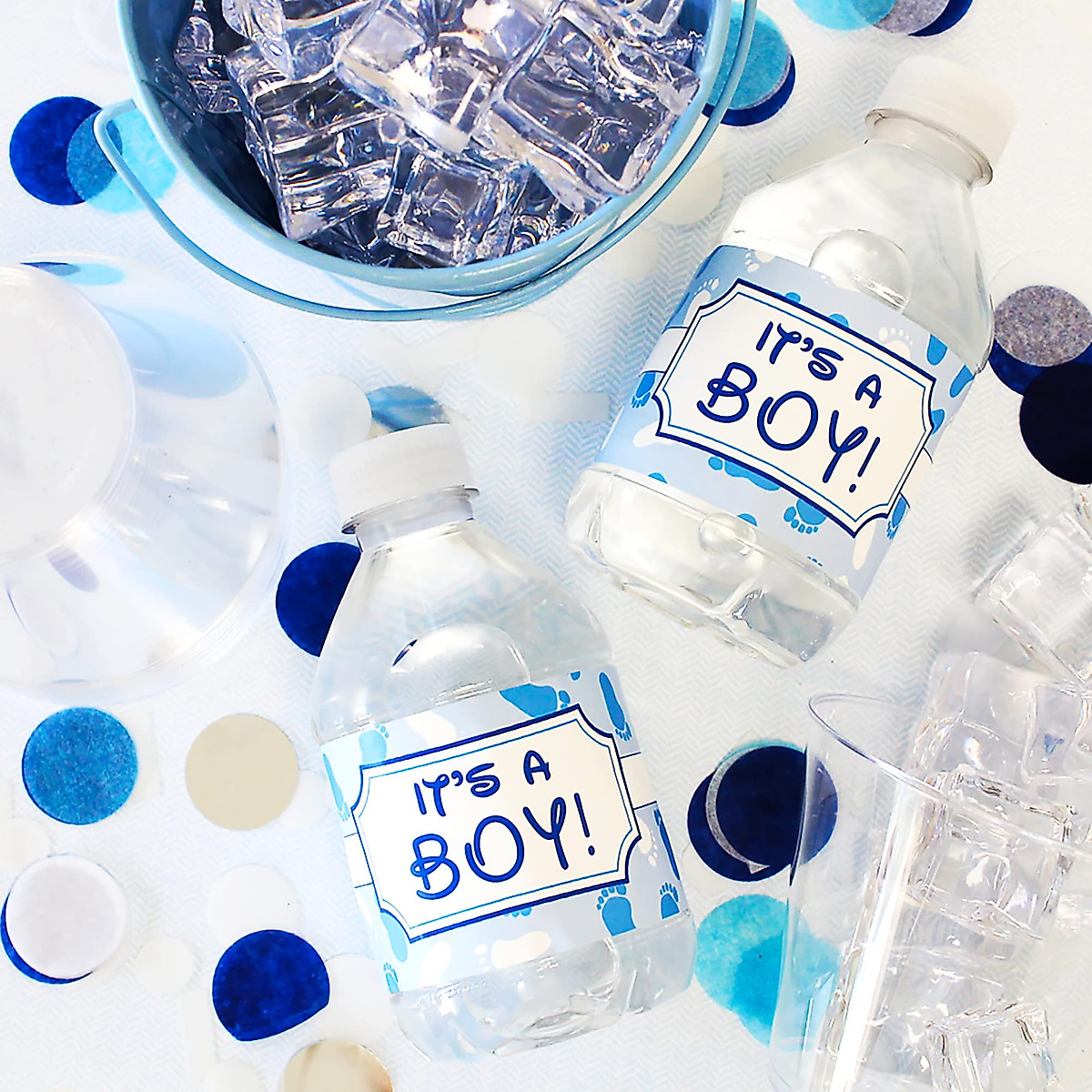 It's a Boy Baby Shower Water Bottle Labels - Blue Footprint Theme - 24 Stickers