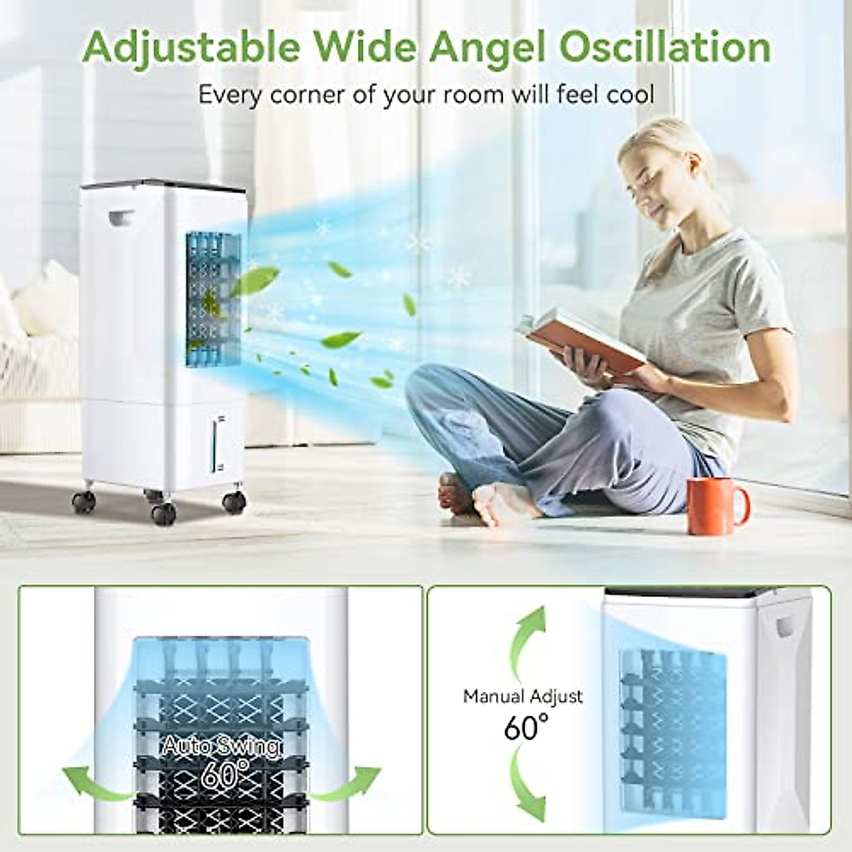 Portable Air Conditioners, 3 in 1 Portable Air Conditioner, Humidifier, Fan with 3 Wind Speeds & 60° Oscillation, Remote Control, 5.5L Water Tank, 1-7H Timer, Portable AC for Home Office