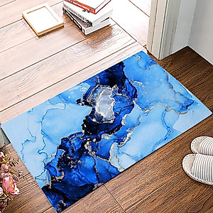 Door Mat for Bedroom Decor, Marble Texture Abstract Blue Gold Glitter Splatter Floor Mats, Holiday Rugs for Living Room, Absorbent Non-Slip Bathroom Rugs Home Decor Kitchen Mat Area Rug 18x30 Inch