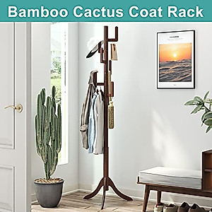 Vriccc Coat Rack Freestanding, Bamboo Cactus Coat Stand, Adjustable Height Wooden Coat Tree with 6 Hooks, kids coat rack, Used In The Bedroom Living Room, Office To Hang Clothes, Hats, Bags