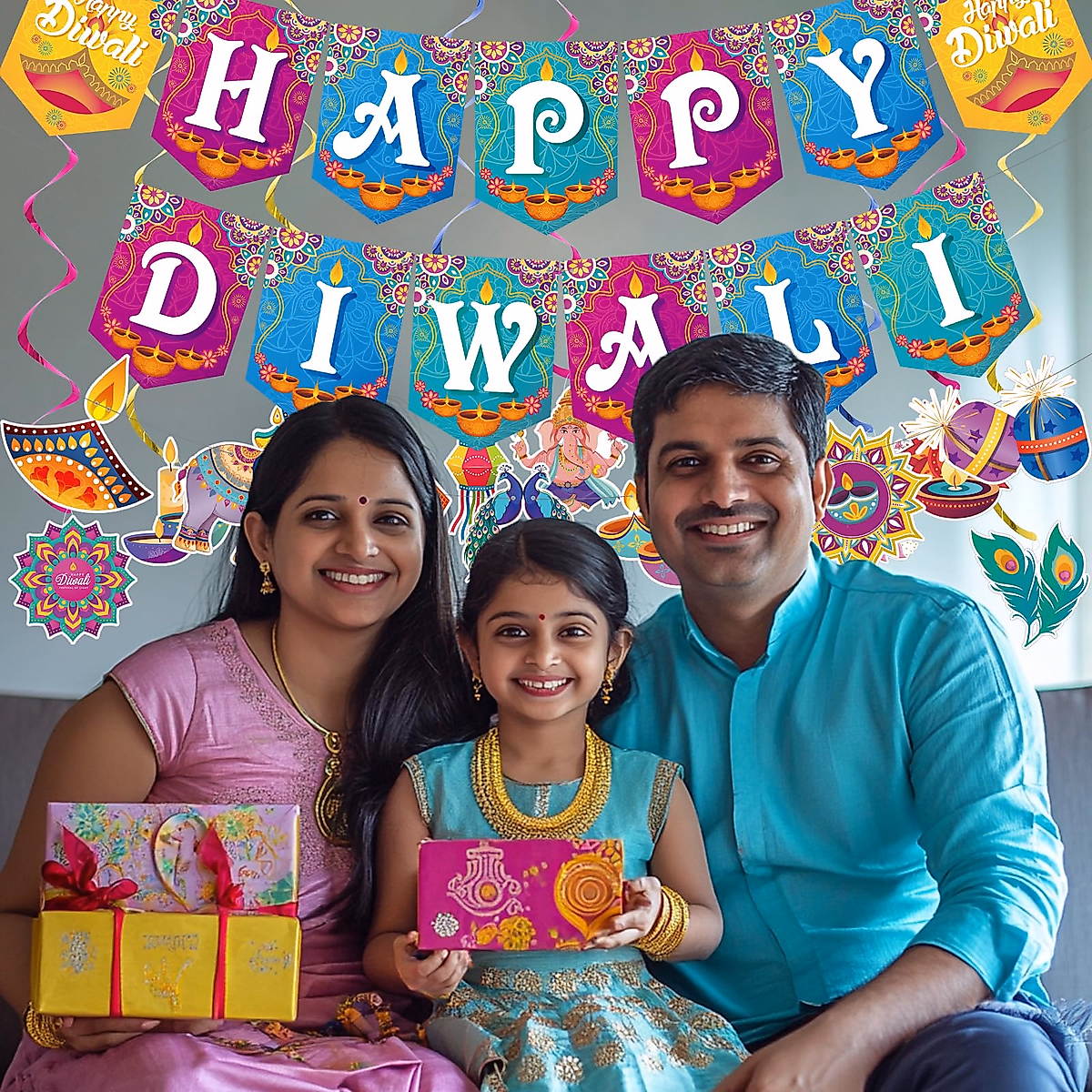 Diwali Decorations,Happy Diwali Banner with Diwali Hanging Swirls Decorations for Indian Diwali Festival Party Decoration Kit for Home.