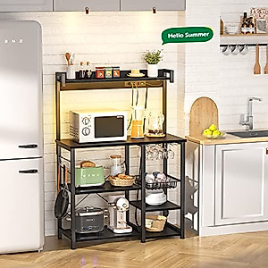 Topfurny Bakers Rack with Power Outlet, Microwave Stand, Kitchen Storage Shelf with Led Lights, Coffee Bar Station with Wine Glass Holder, Kitchen Rack for Spices, Pots, and Pans, Black