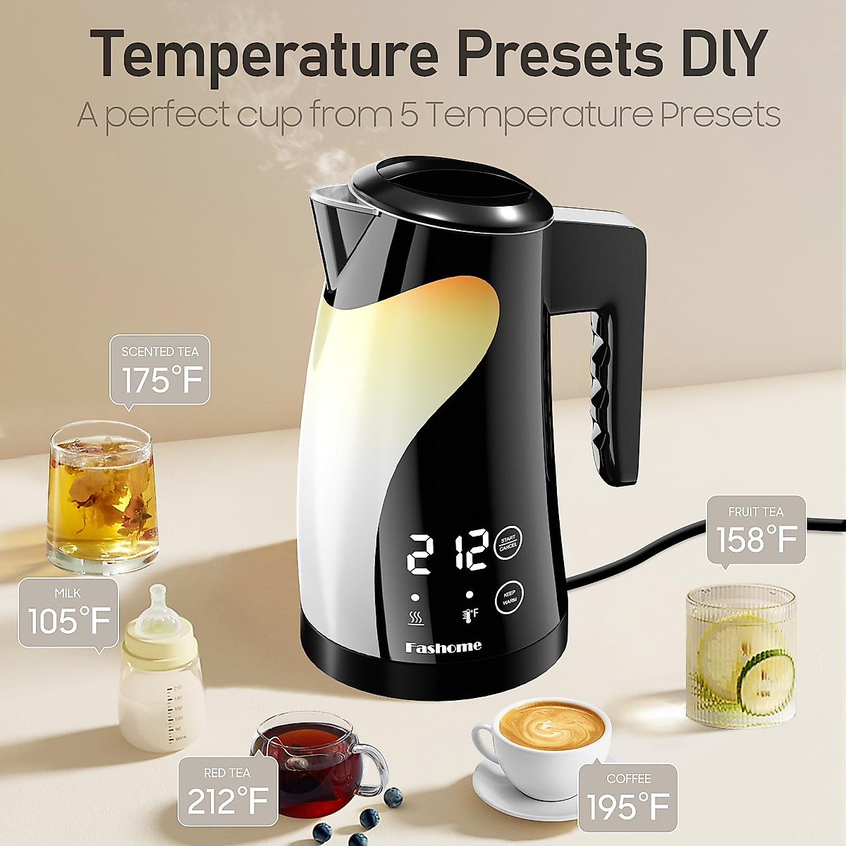 Electric Kettle Temperature Control, 304 Stainless Steel Interior, BPA-Free, Double Wall 1.25L Hot Water Boiler, 1200W Tea Kettle with Auto Shut-Off & Boil Dry Protection, Cordless Base (KCK02A)