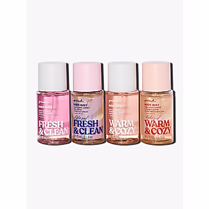 Victoria's Secret PINK 4 Piece Merry Mini Mists Gift Set: Warm & Cozy and Fresh & Clean, Assorted Scents