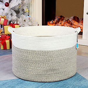 Casaphoria XXXLarge Cotton Rope Basket for Living Room - Woven Storage Basket with Handle for Blankets, Towels and Pillows Laundry Hamper | Cream white and Brown (22" x 22" x 14")