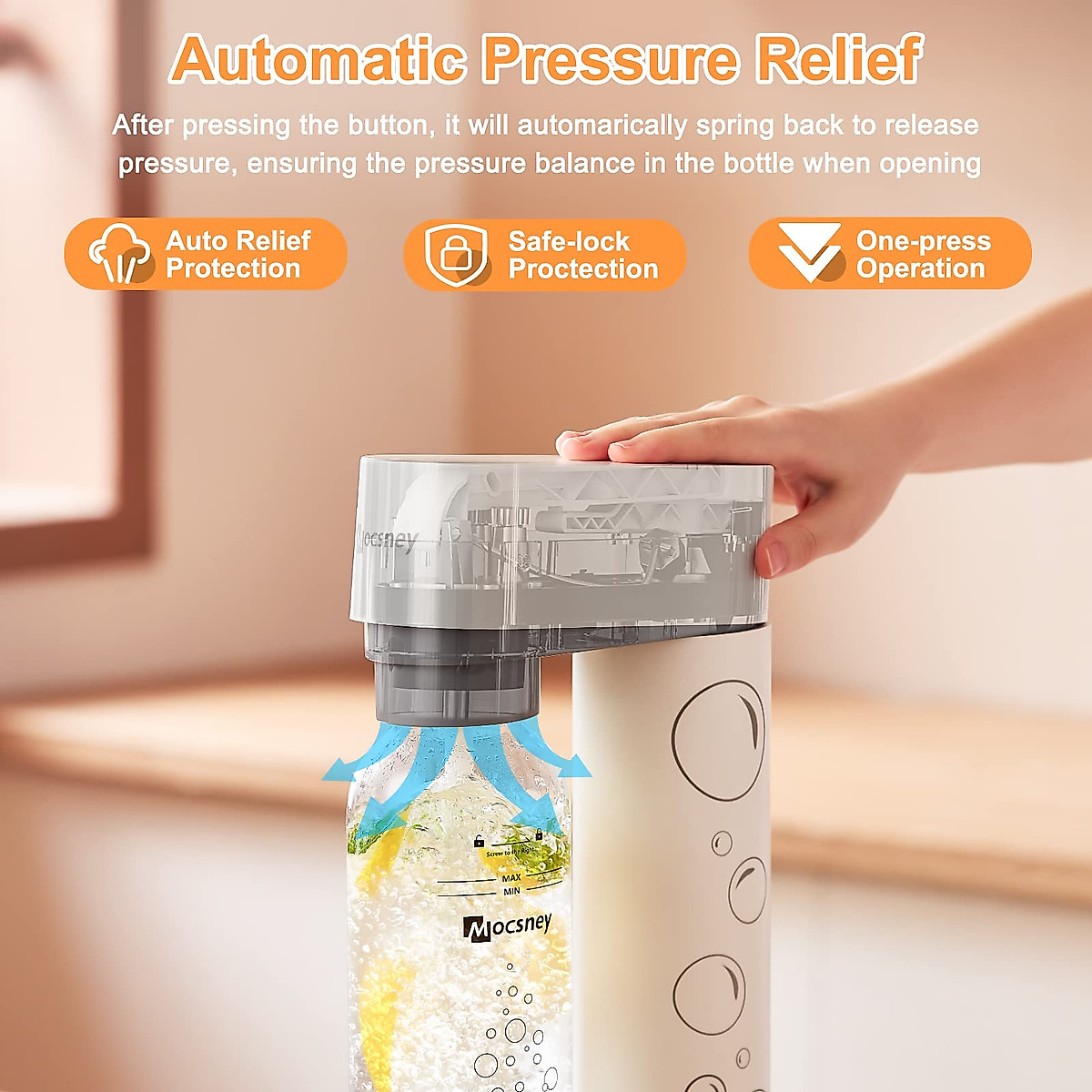 Mocsney Soda Maker, Sparkling Water Maker, Soda Maker Machine for Home Use with Safe-lock, Compatible with Any Screw-in 60L CO2 Cylinder (NOT Included)