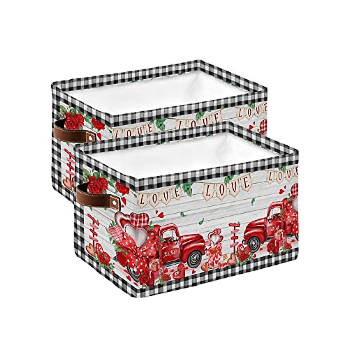 Valentine Large Storage Baskets Bins Waterproof Fabric, Saint Truck Red Rose Boho Farmhouse Plaid Rectangular Storage Box for Shelf Closet Organizer ( 2 Pack)