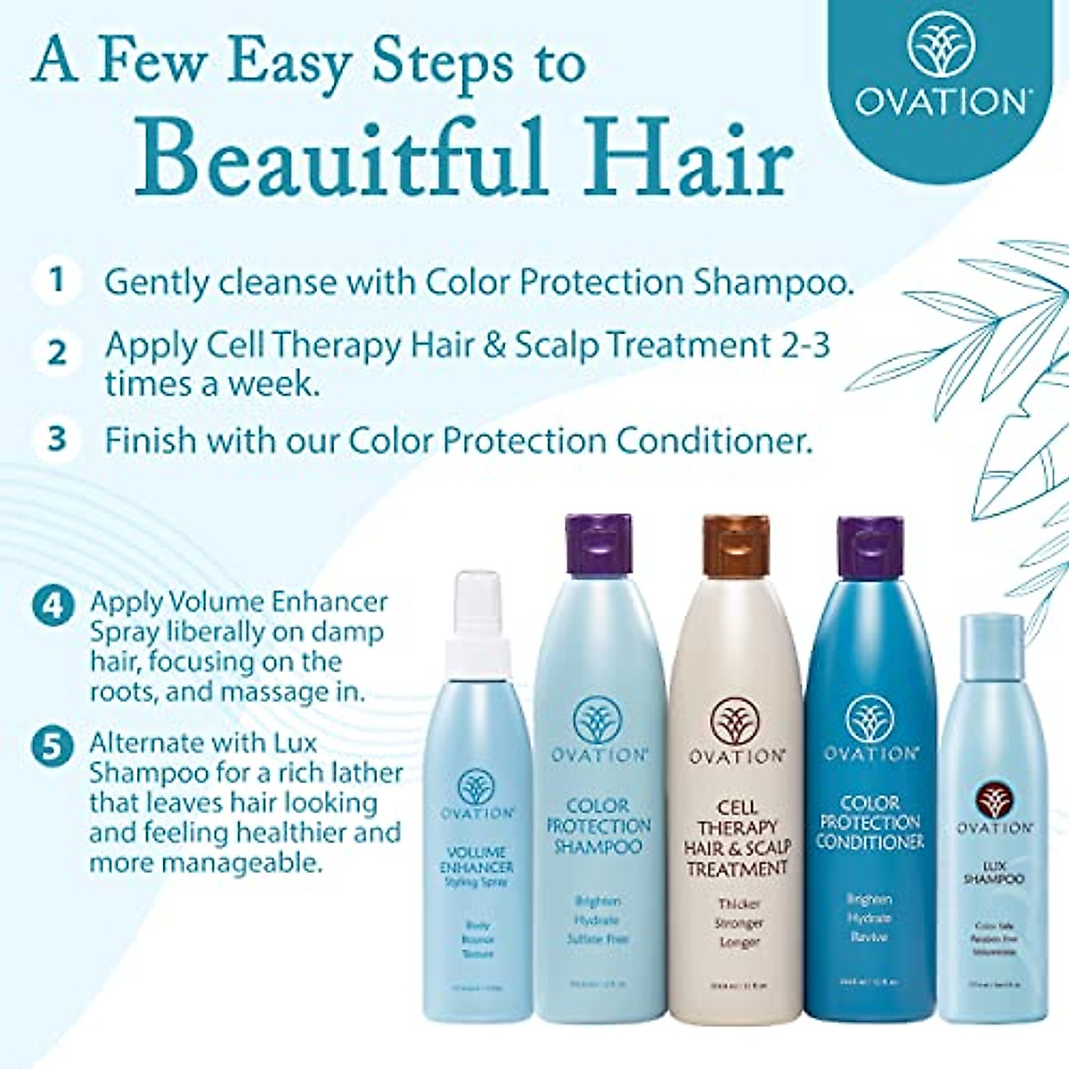 Ovation Hair Holiday Gift Set - Color System + Cell Therapy: Get Stronger, Fuller & Healthier Looking Hair - Includes Shampoo, Conditioner, Cell Therapy, Volume Enhancer, and Lux Shampoo