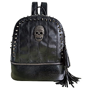 Women Skull Backpack Rivet Studded Fashion Daypack Gothic Purse Tassel Zipper (Slivet Round Rivet)